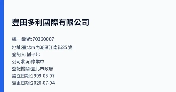 豐田多利國際有限公司的照片-統編 70360007(臺北市) 公司登記資料與營業項目詳細圖表