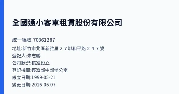 全國通小客車租賃股份有限公司的照片-統編 70361287(新竹市) 公司登記資料與營業項目詳細圖表