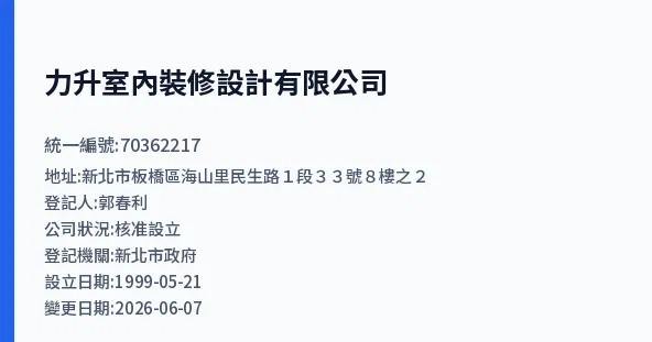 力升室內裝修設計有限公司的照片-統編 70362217(新北市) 公司登記資料與營業項目詳細圖表