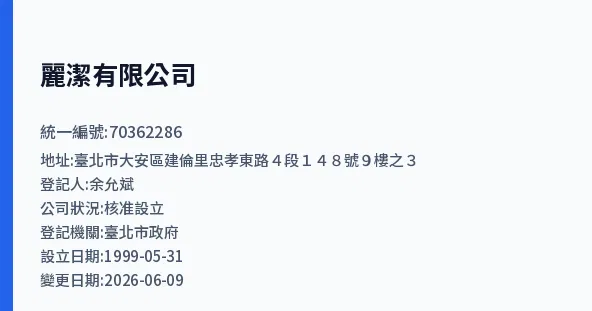 麗潔有限公司的照片-統編 70362286(臺北市) 公司登記資料與營業項目詳細圖表