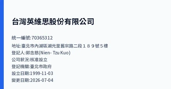 台灣英維思股份有限公司的照片-統編 70365312(臺北市) 公司登記資料與營業項目詳細圖表