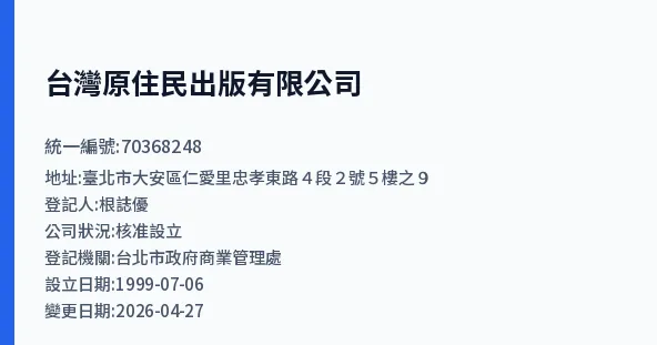 台灣原住民出版有限公司的照片-統編 70368248(臺北市) 公司登記資料與營業項目詳細圖表