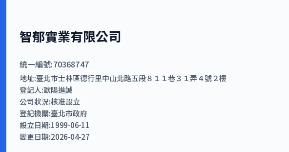 智郁實業有限公司的照片-統編 70368747(臺北市) 公司登記資料與營業項目詳細圖表