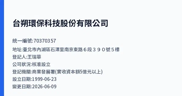 台朔環保科技股份有限公司的照片-統編 70370357(臺北市) 公司登記資料與營業項目詳細圖表