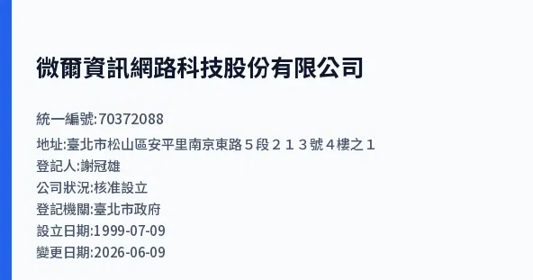 微爾資訊網路科技股份有限公司的照片-統編 70372088(臺北市) 公司登記資料與營業項目詳細圖表