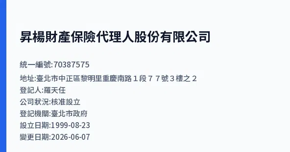 昇楊財產保險代理人股份有限公司的照片-統編 70387575(臺北市) 公司登記資料與營業項目詳細圖表