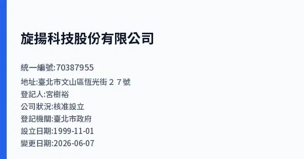 旋揚科技股份有限公司的照片-統編 70387955(臺北市) 公司登記資料與營業項目詳細圖表