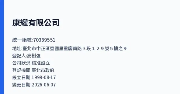 康耀有限公司的照片-統編 70389551(臺北市) 公司登記資料與營業項目詳細圖表