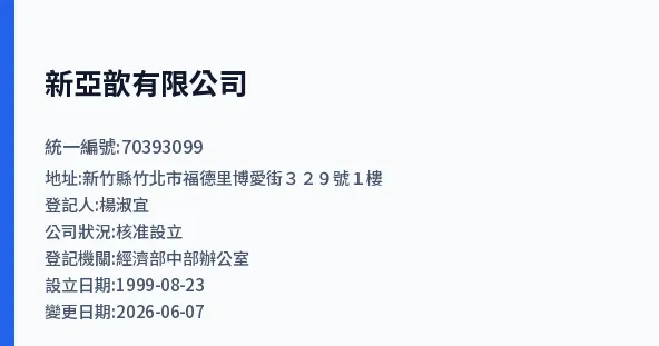 新亞歆有限公司的照片-統編 70393099(新竹縣) 公司登記資料與營業項目詳細圖表