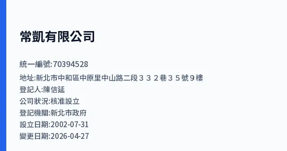 常凱有限公司的照片-統編 70394528(新北市) 公司登記資料與營業項目詳細圖表