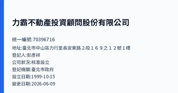 力霸不動產投資顧問股份有限公司的照片-統編 70396716(臺北市) 公司登記資料與營業項目詳細圖表