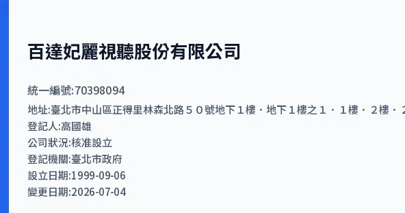百達妃麗視聽股份有限公司的照片-統編 70398094(臺北市) 公司登記資料與營業項目詳細圖表