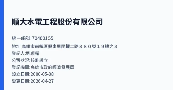 順大水電工程股份有限公司的照片-統編 70400155(高雄市) 公司登記資料與營業項目詳細圖表