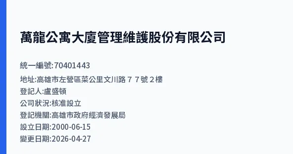 萬龍公寓大廈管理維護股份有限公司的照片-統編 70401443(高雄市) 公司登記資料與營業項目詳細圖表