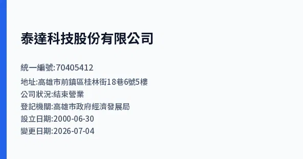 泰達科技股份有限公司的照片-統編 70405412(高雄市) 公司登記資料與營業項目詳細圖表
