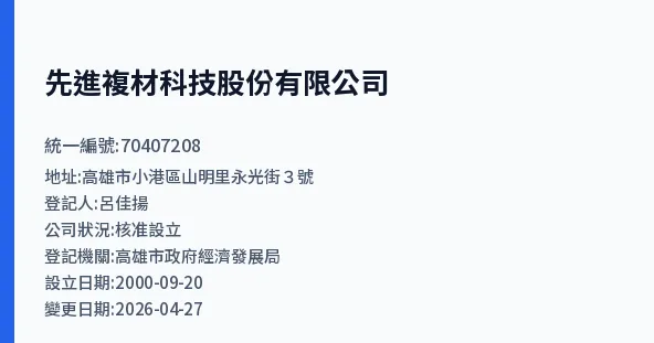 先進複材科技股份有限公司的照片-統編 70407208(高雄市) 公司登記資料與營業項目詳細圖表