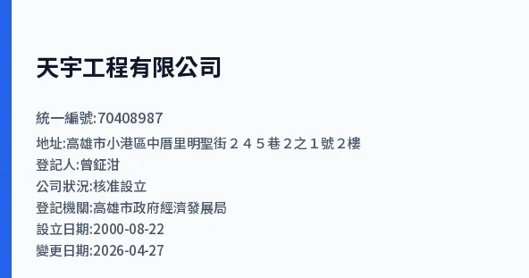 天宇工程有限公司的照片-統編 70408987(高雄市) 公司登記資料與營業項目詳細圖表