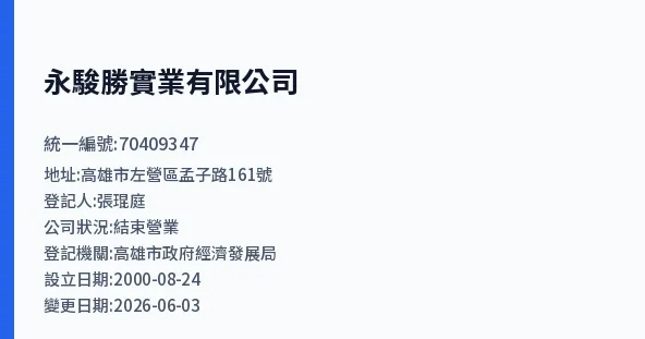 永駿勝實業有限公司的照片-統編 70409347(高雄市) 公司登記資料與營業項目詳細圖表
