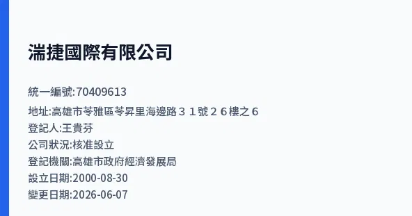 湍捷國際有限公司的照片-統編 70409613(高雄市) 公司登記資料與營業項目詳細圖表