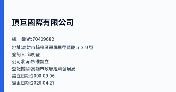 頂巨國際有限公司的照片-統編 70409682(高雄市) 公司登記資料與營業項目詳細圖表