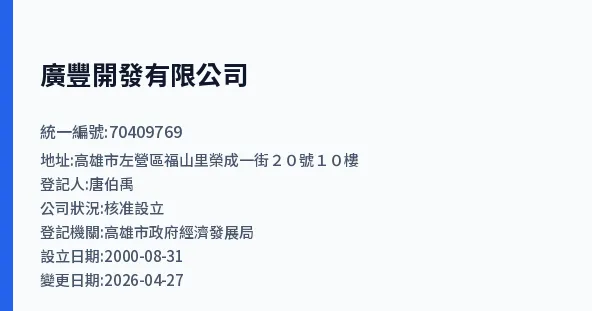 廣豐開發有限公司的照片-統編 70409769(高雄市) 公司登記資料與營業項目詳細圖表