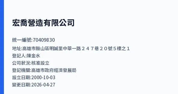 宏喬營造有限公司的照片-統編 70409830(高雄市) 公司登記資料與營業項目詳細圖表