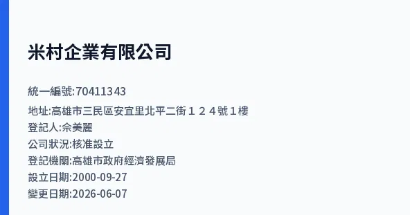 米村企業有限公司的照片-統編 70411343(高雄市) 公司登記資料與營業項目詳細圖表