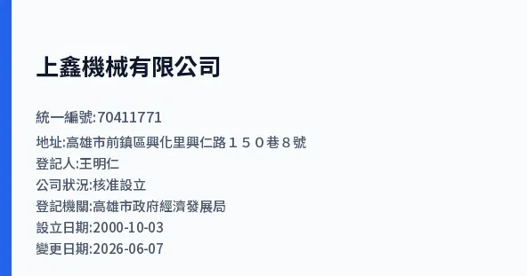 上鑫機械有限公司的照片-統編 70411771(高雄市) 公司登記資料與營業項目詳細圖表