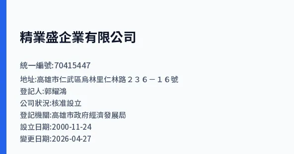 精業盛企業有限公司的照片-統編 70415447(高雄市) 公司登記資料與營業項目詳細圖表
