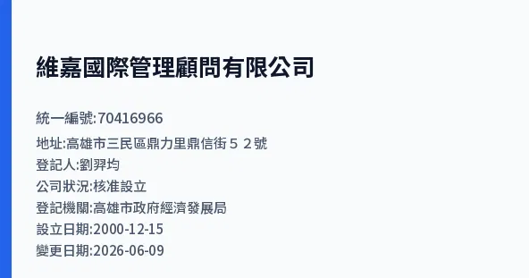 維嘉國際管理顧問有限公司的照片-統編 70416966(高雄市) 公司登記資料與營業項目詳細圖表