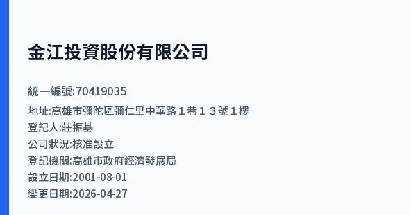金江投資股份有限公司的照片-統編 70419035(高雄市) 公司登記資料與營業項目詳細圖表