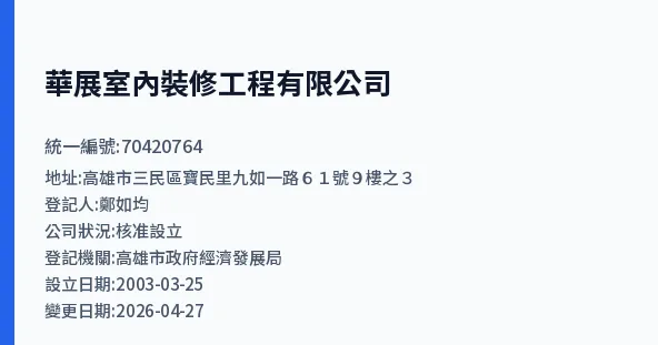 華展室內裝修工程有限公司的照片-統編 70420764(高雄市) 公司登記資料與營業項目詳細圖表