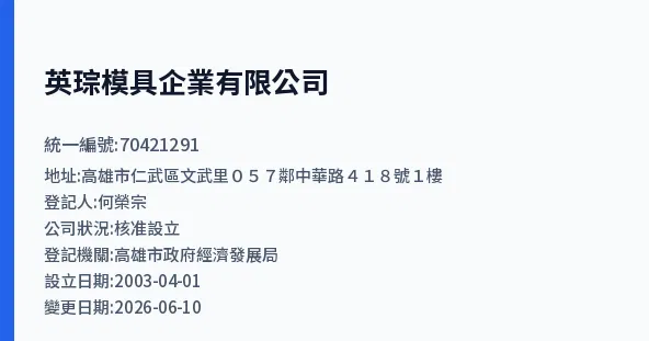 英琮模具企業有限公司的照片-統編 70421291(高雄市) 公司登記資料與營業項目詳細圖表