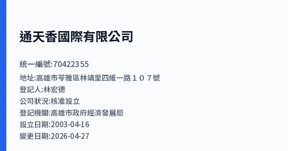 通天香國際有限公司的照片-統編 70422355(高雄市) 公司登記資料與營業項目詳細圖表