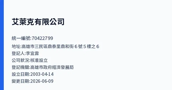 艾萊克有限公司的照片-統編 70422799(高雄市) 公司登記資料與營業項目詳細圖表