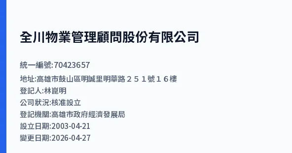 全川物業管理顧問股份有限公司的照片-統編 70423657(高雄市) 公司登記資料與營業項目詳細圖表