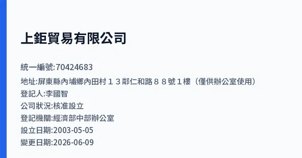 上鉅貿易有限公司的照片-統編 70424683(屏東縣) 公司登記資料與營業項目詳細圖表