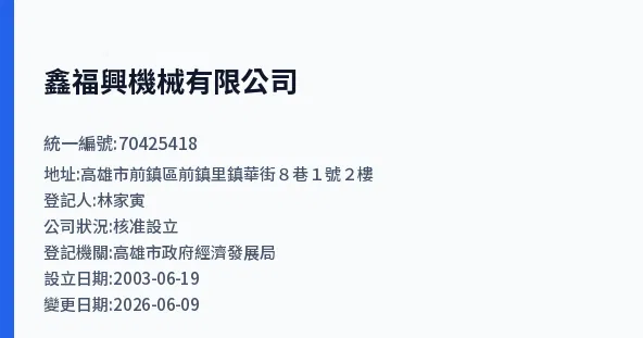 鑫福興機械有限公司的照片-統編 70425418(高雄市) 公司登記資料與營業項目詳細圖表