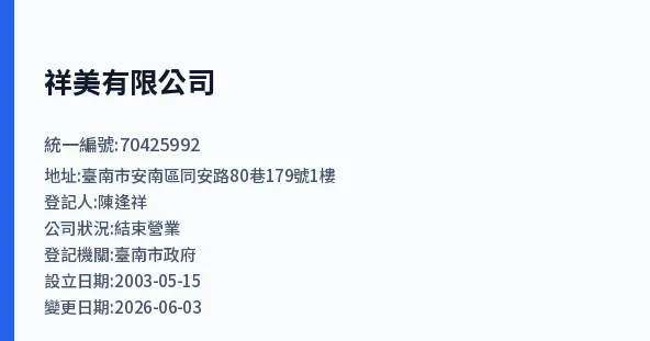祥美有限公司的照片-統編 70425992(臺南市) 公司登記資料與營業項目詳細圖表