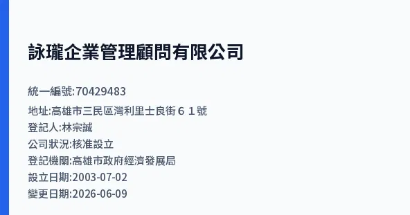 詠瓏企業管理顧問有限公司的照片-統編 70429483(高雄市) 公司登記資料與營業項目詳細圖表
