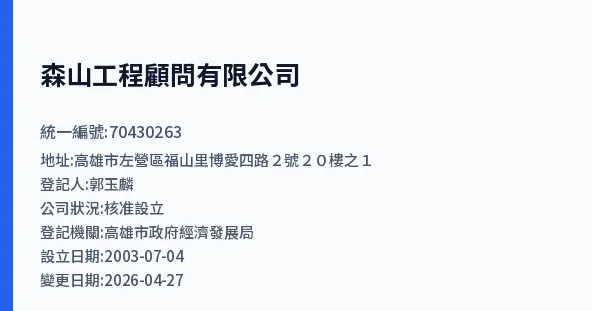森山工程顧問有限公司的照片-統編 70430263(高雄市) 公司登記資料與營業項目詳細圖表