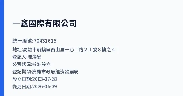 一鑫國際有限公司的照片-統編 70431615(高雄市) 公司登記資料與營業項目詳細圖表