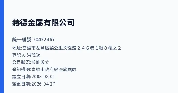 赫德金屬有限公司的照片-統編 70432467(高雄市) 公司登記資料與營業項目詳細圖表