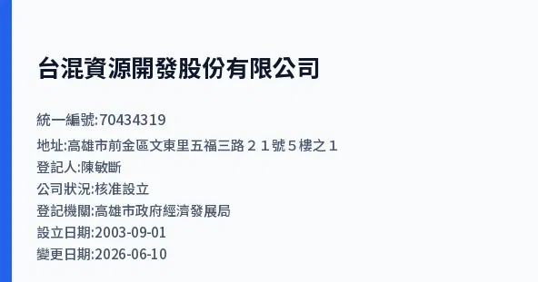台混資源開發股份有限公司的照片-統編 70434319(高雄市) 公司登記資料與營業項目詳細圖表