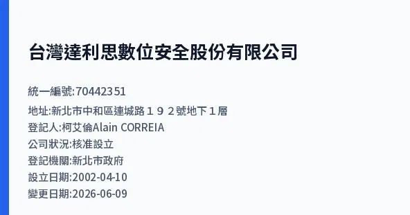 台灣達利思數位安全股份有限公司的照片-統編 70442351(新北市) 公司登記資料與營業項目詳細圖表