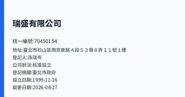 瑞盛有限公司的照片-統編 70450154(臺北市) 公司登記資料與營業項目詳細圖表
