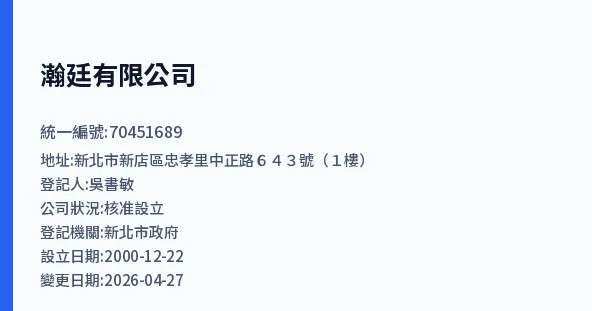 瀚廷有限公司的照片-統編 70451689(新北市) 公司登記資料與營業項目詳細圖表