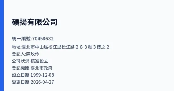 碩揚有限公司的照片-統編 70458682(臺北市) 公司登記資料與營業項目詳細圖表