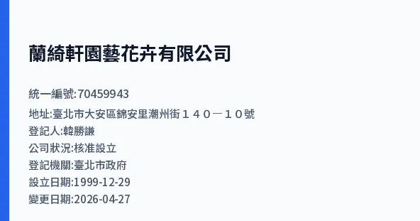 蘭綺軒園藝花卉有限公司的照片-統編 70459943(臺北市) 公司登記資料與營業項目詳細圖表