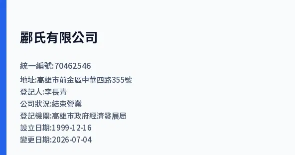 酈氏有限公司的照片-統編 70462546(高雄市) 公司登記資料與營業項目詳細圖表